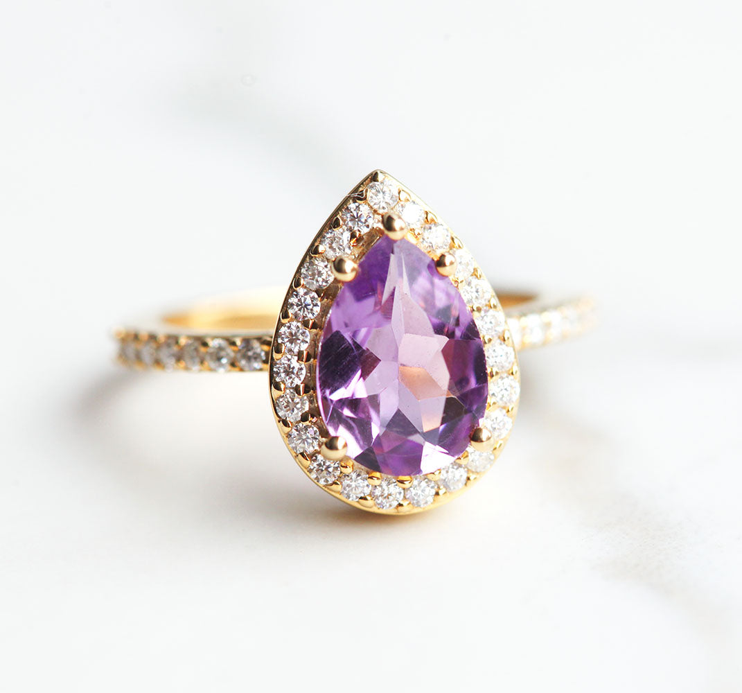 Britney Pear Amethyst Ring with Moissanite Pave Halo – Capucinne Blue