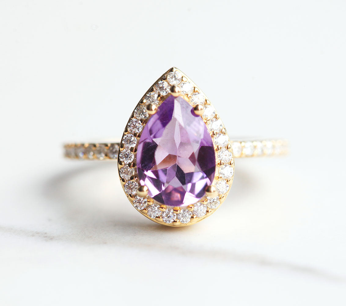 Britney Pear Amethyst Ring with Moissanite Pave Halo – Capucinne Blue